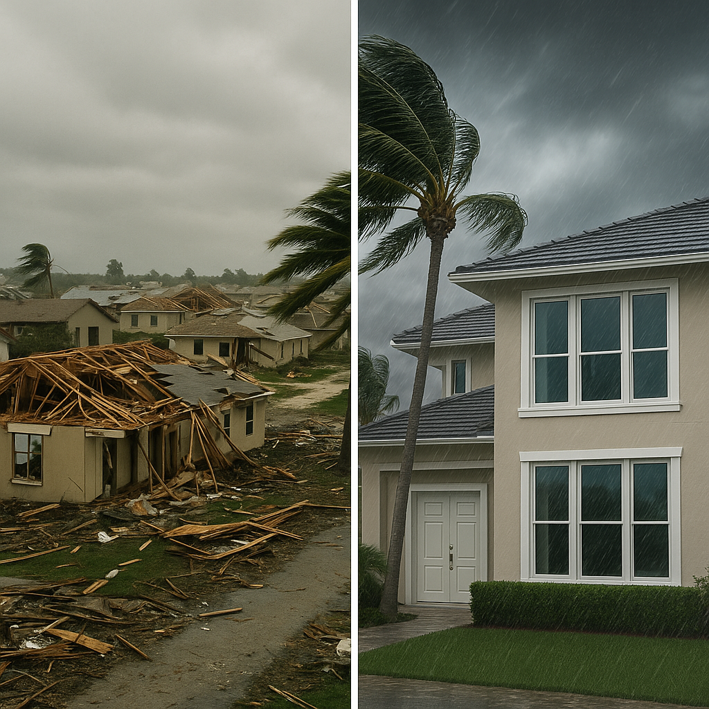 Split image showing hurricane damage to Florida home without protection ...